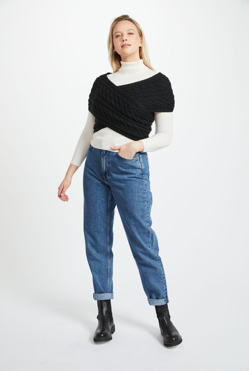 Corrib Crossover Aran Wool Wrap | Black | Aran Woollen Mills