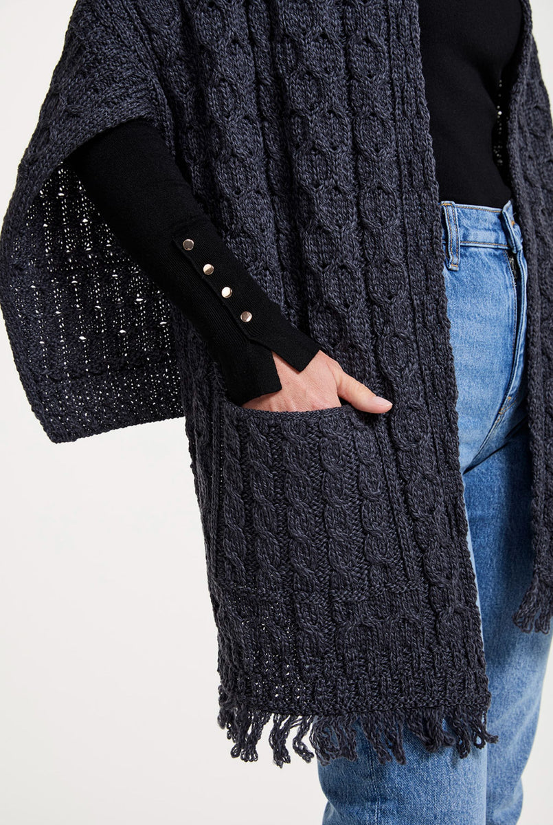 Shannon Throwover Aran Wool Wrap with Pocket | Grey