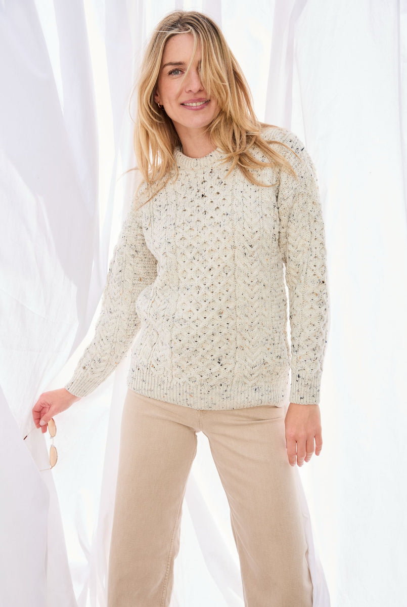 Traditional Aran Wool Womens Sweater | Flecked Cream