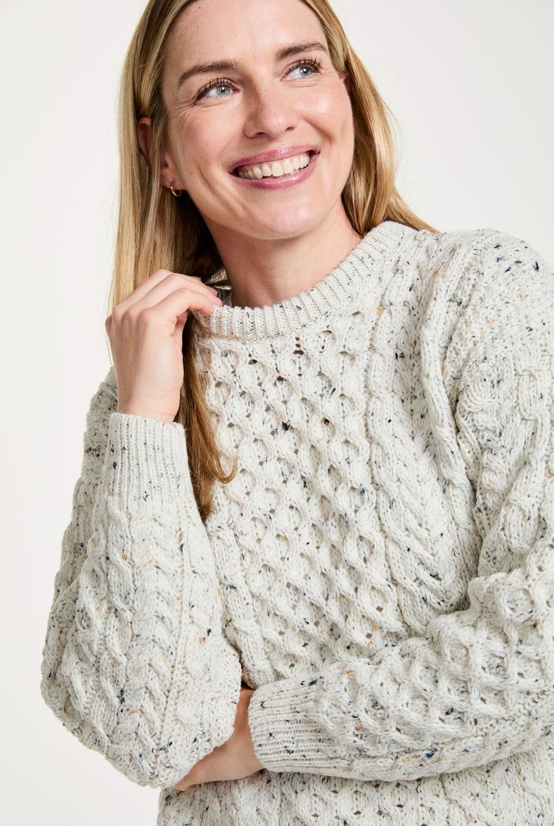 Traditional Aran Wool Womens Sweater | Flecked Cream