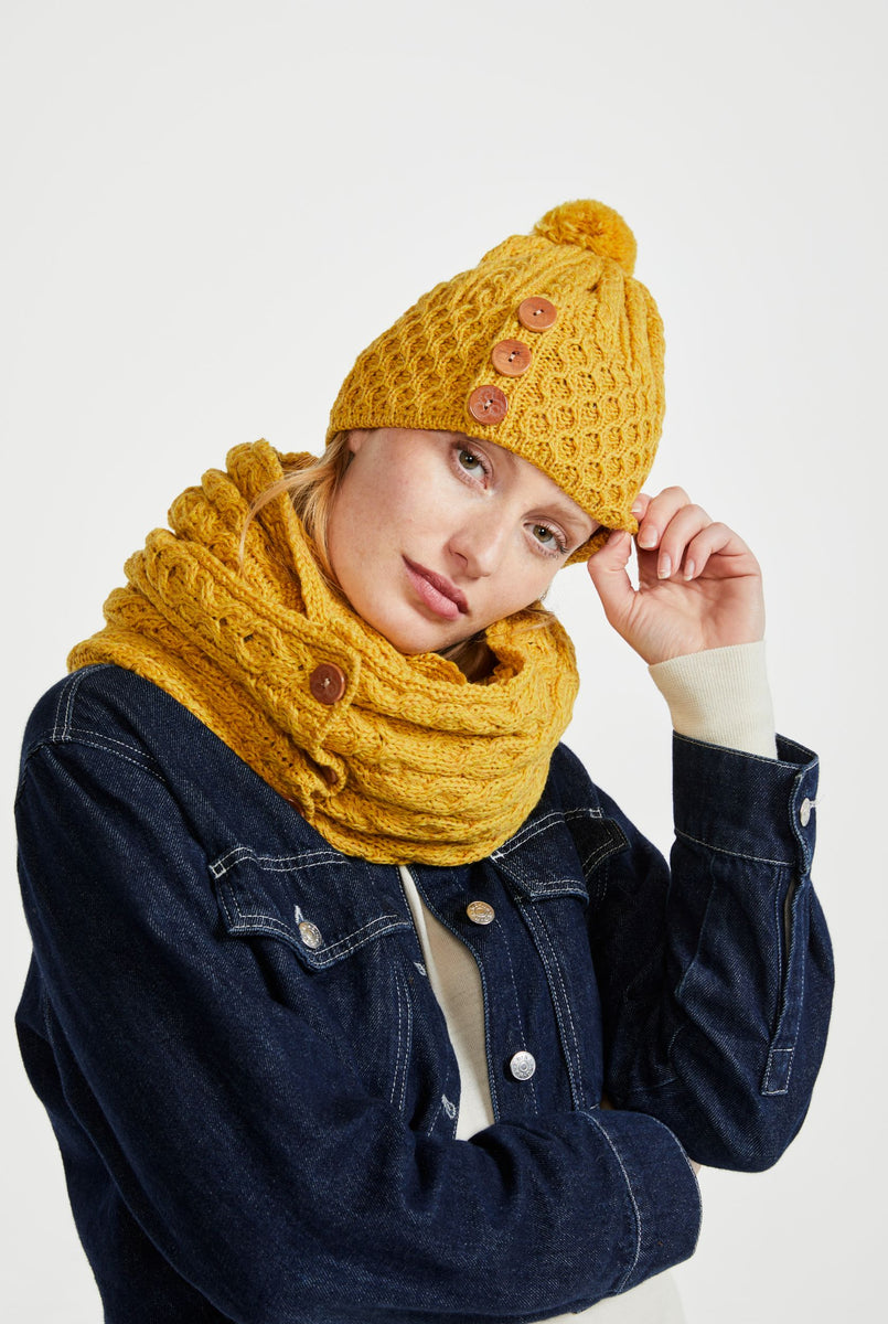Shrule Merino Aran Hat with Pom Pom - Yellow