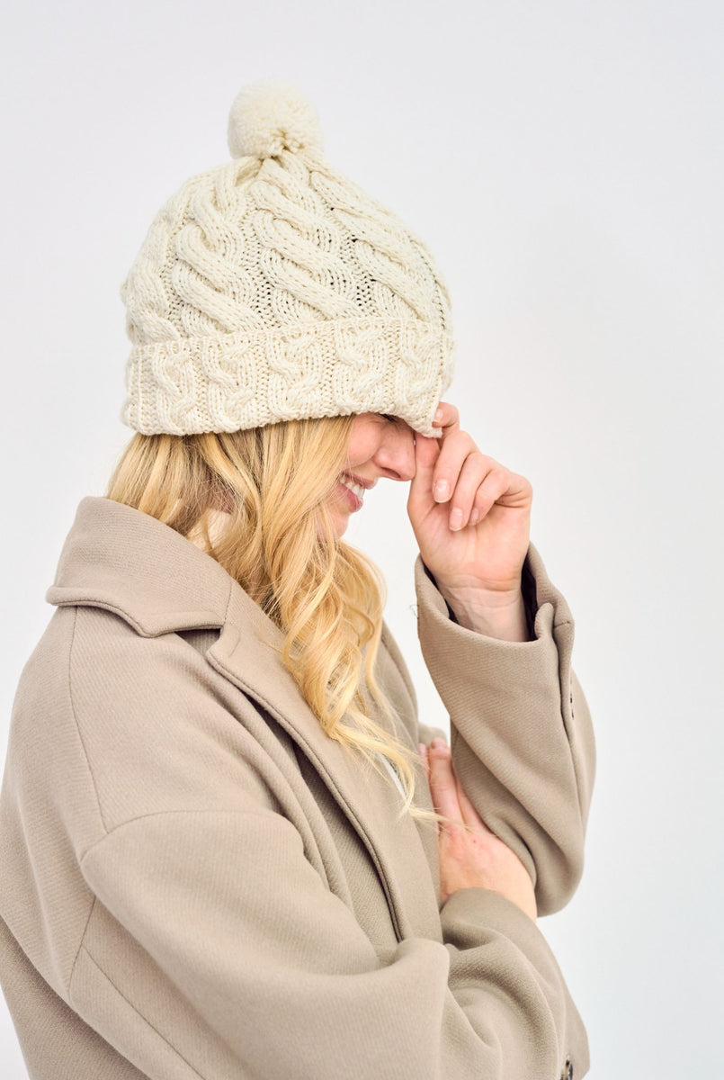 Clifden Cable-Knit Aran Wool Wool Hat with Pom Poms | Cream